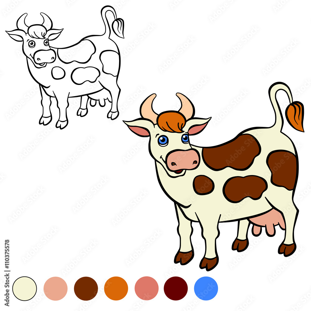 Coloring page. Color me: cow. Cute spotted cow stands and smile Stock ...