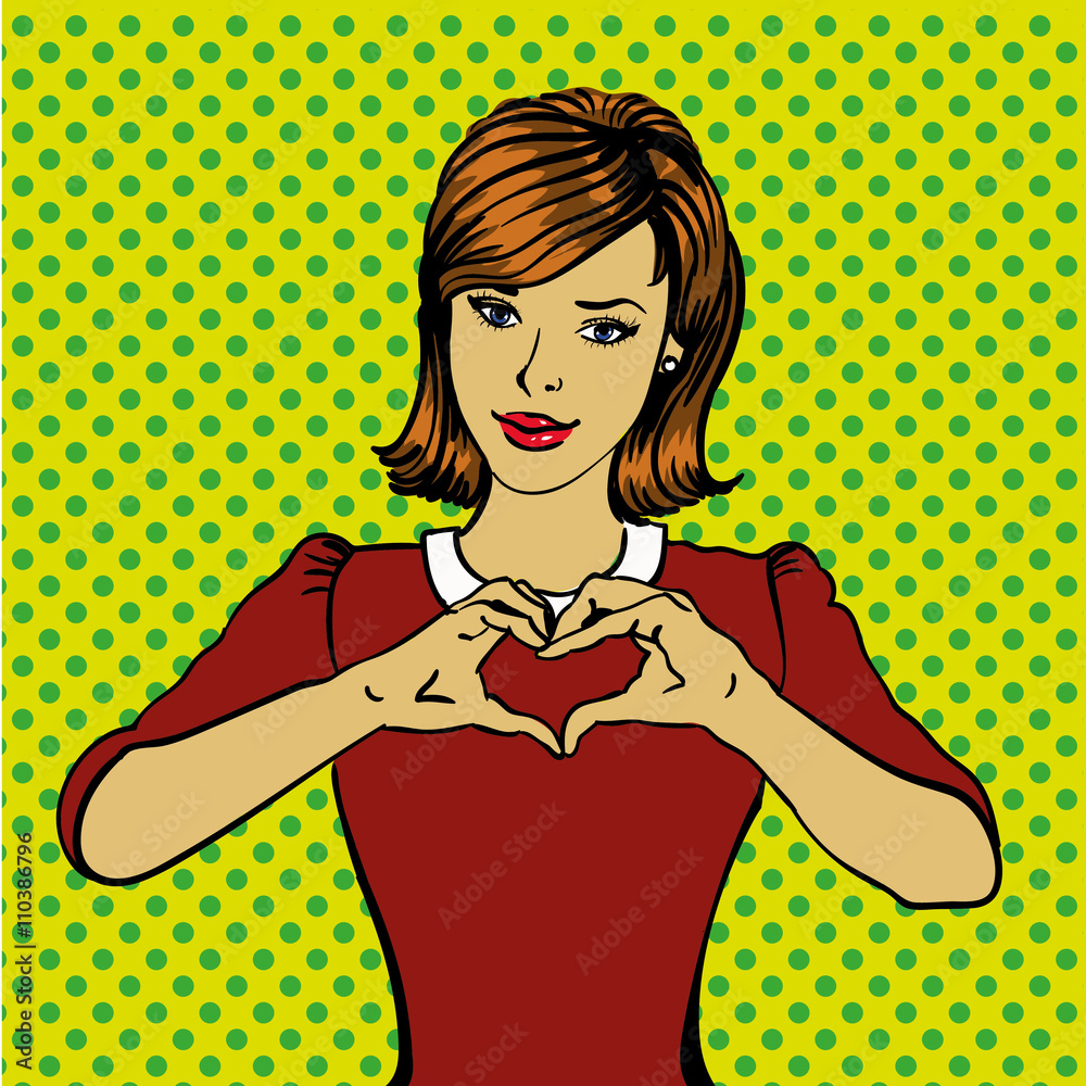 Pop art retro style woman showing heart hand sign. Comic drawn design ...