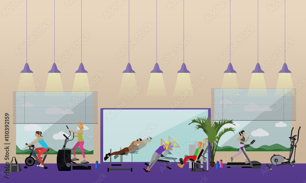 Fitness center interior vector illustration. People work out in gym ...