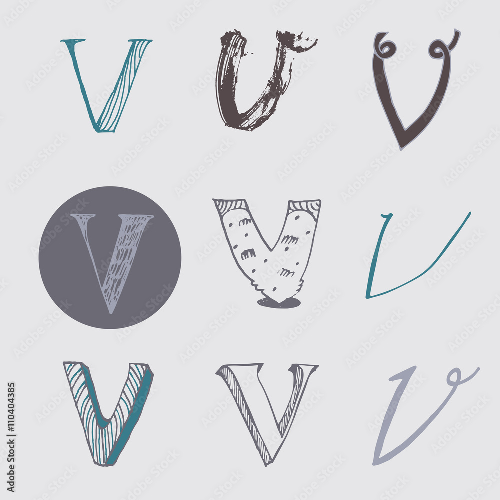 Original letters V set, isolated on light gray background. Alphabet ...
