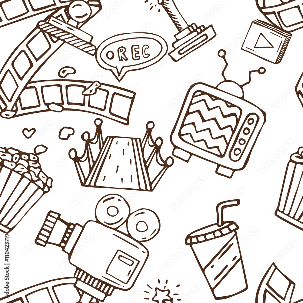 Cartoon vector doodles hand drawn cinema seamless pattern Stock Vector ...