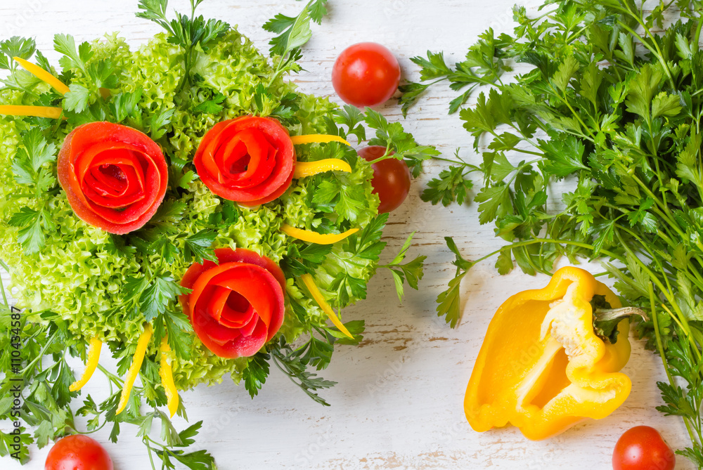Bouquet of roses made from tomatoes and lettuce, white background Stock ...