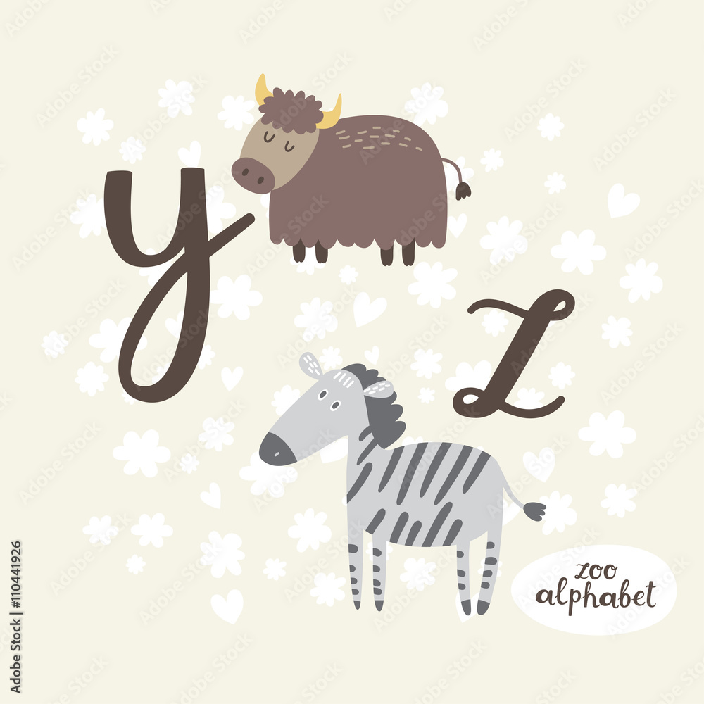 Cute zoo alphabet in vector. Y, z letters. Funny animals. Yak and zebra ...