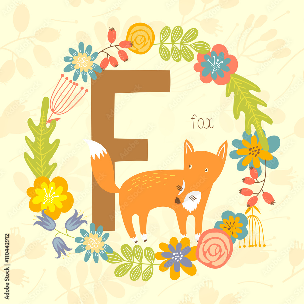 Cute Zoo alphabet, Fox with letter F and floral wreath in vector. Stock ...