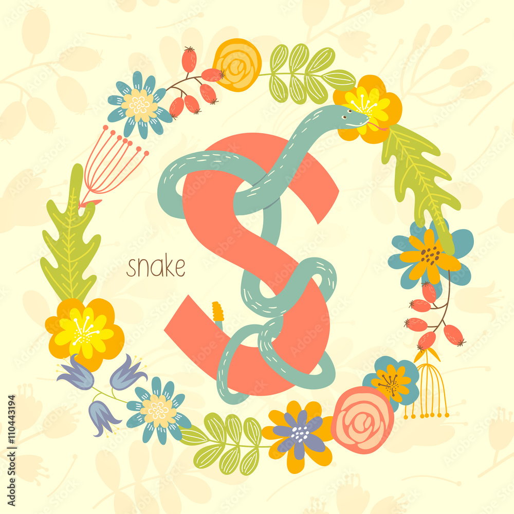 Cute Zoo alphabet, Snake with letter S and floral wreath in vector ...