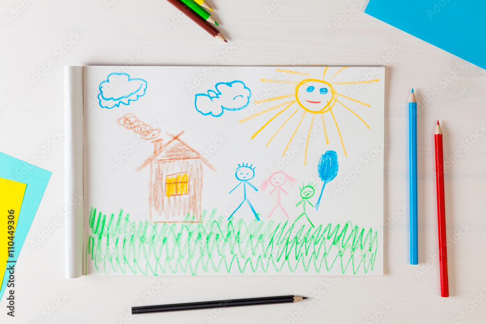 Child draws a pencil drawing of the house and his family. Stock Photo ...