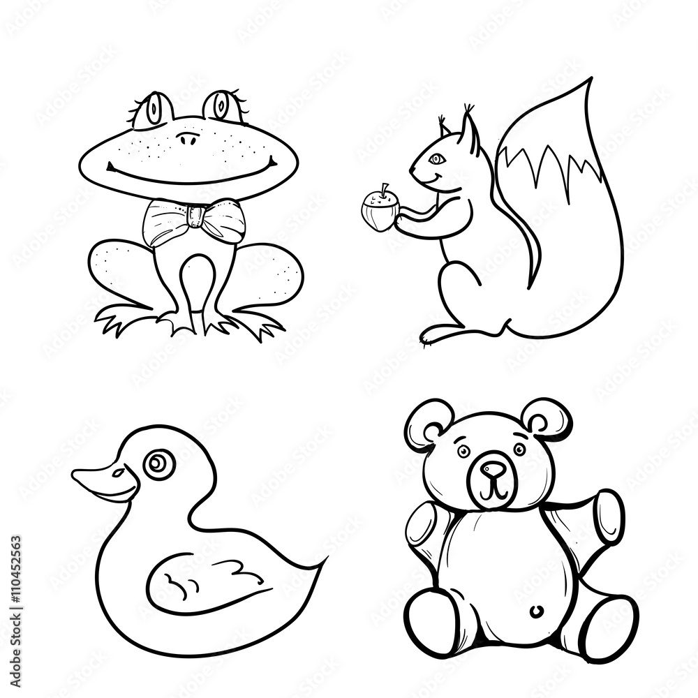 hand drawn vector children's coloring book with duck, frog, Teddy bear ...