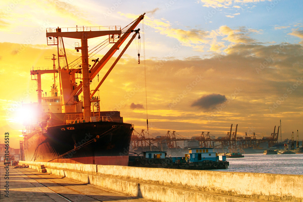 container ship loading material goods from local ship in habor p Stock ...