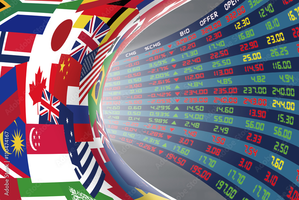 Flags of main countries in the world with a display of daily stock ...