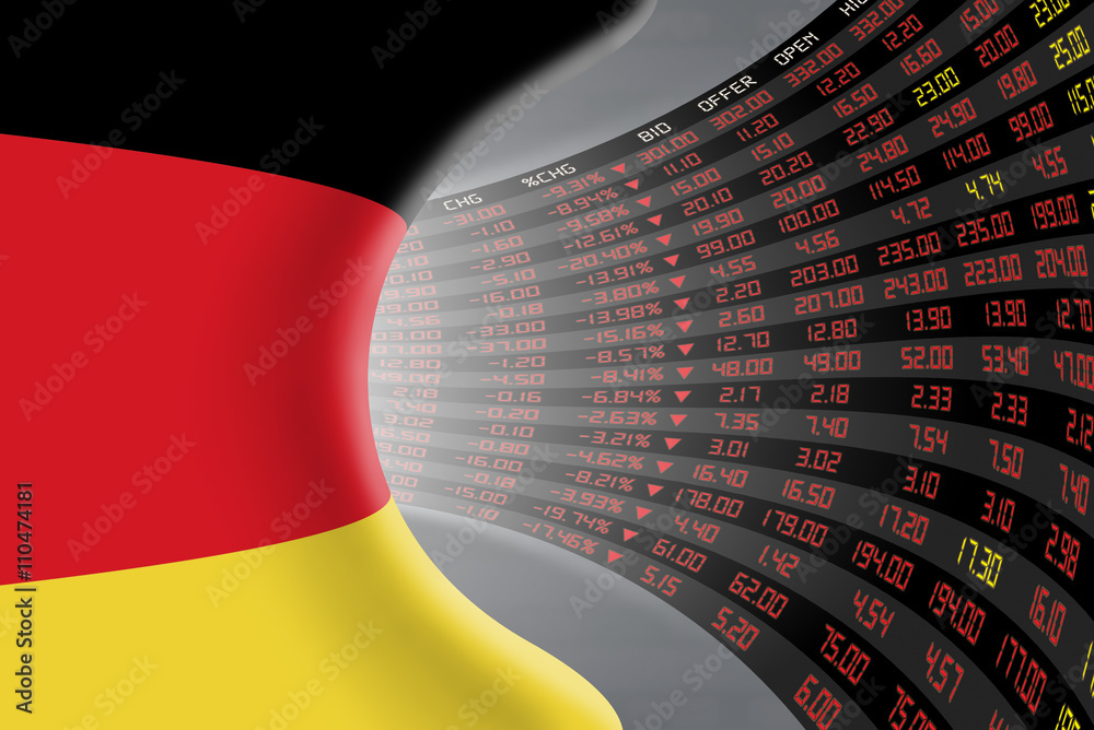 National flag of Germany with a large display of daily stock market ...