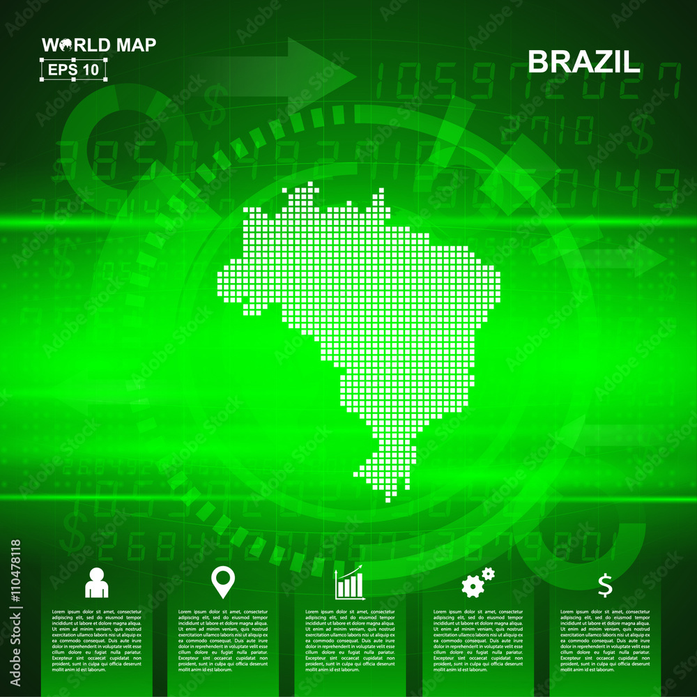 Map Of Brazil,Abstract Green background, pixel vector illustration ...