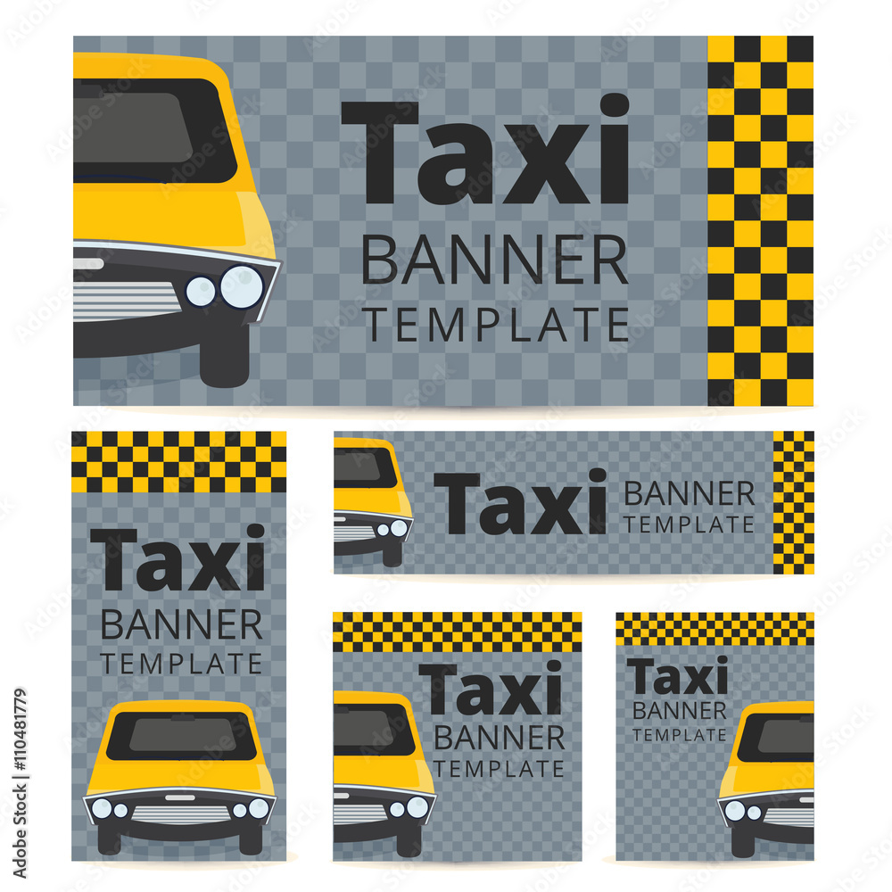 Taxi banner template set with cab on a grey black and yellow bac Stock ...