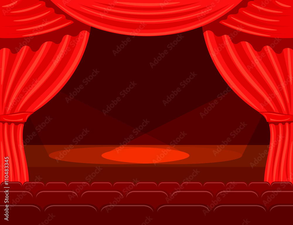 Cartoon theater with spotlights beams. Theater curtain with spot Stock ...