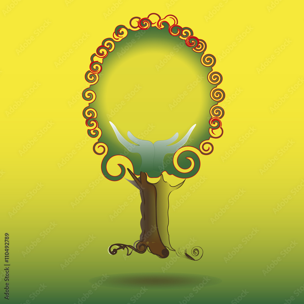 Drawing a strong tree with red foliage The illustration on a yellow ...