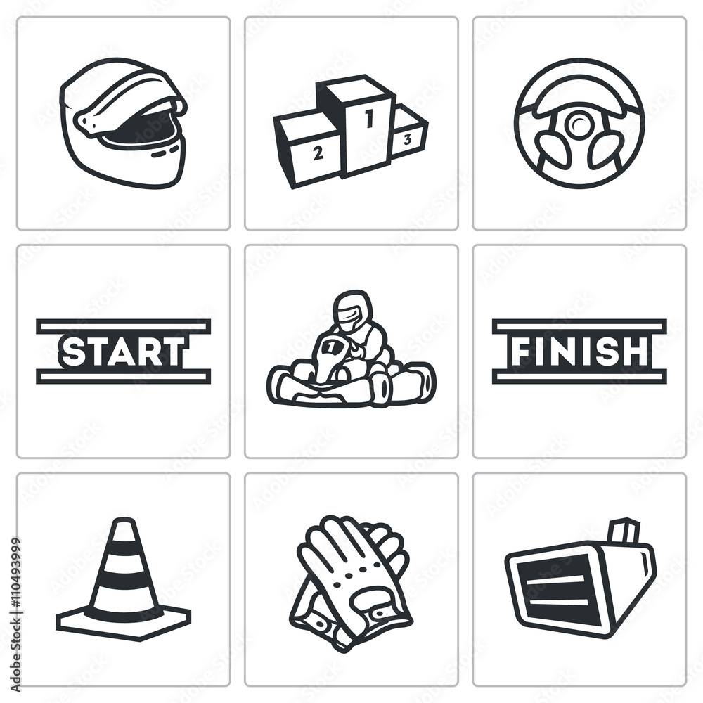 Vector Set of Karting Icons. Helmet, Pedestal, Steering wheel, Start ...