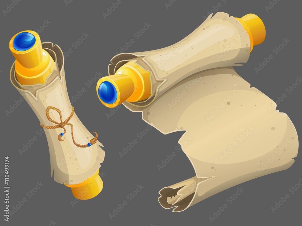 Cartoon scroll parchment closed and opened. Vector illustration. 2d ...