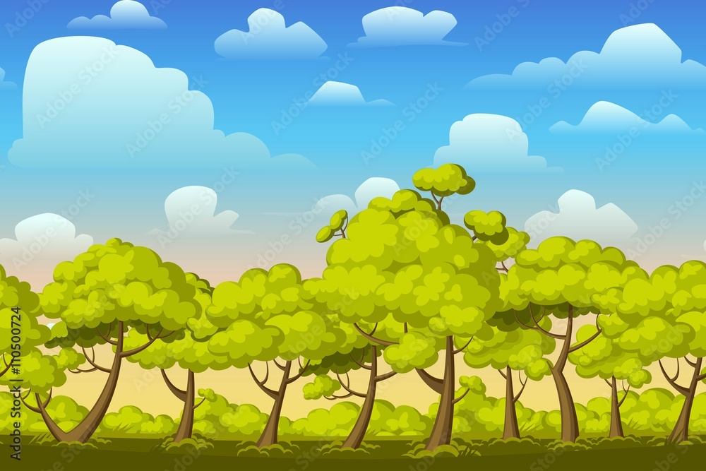 Cartoon nature seamless horizontal landscape with bushes,trees and ...
