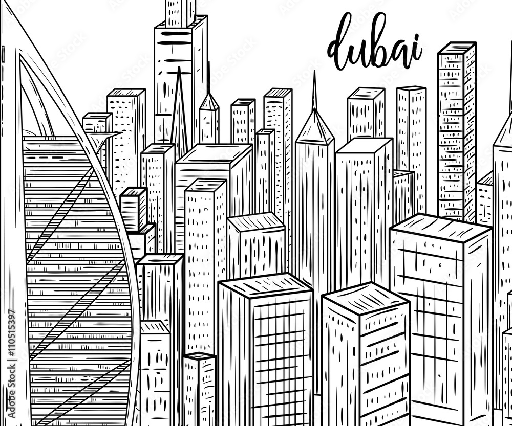 Dubai. Black and white cityscape in line art style. Vintage vector ...