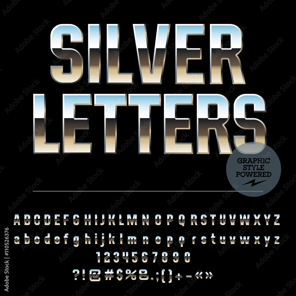 Vector set of glossy silver alphabet letters, numbers and punctuation ...