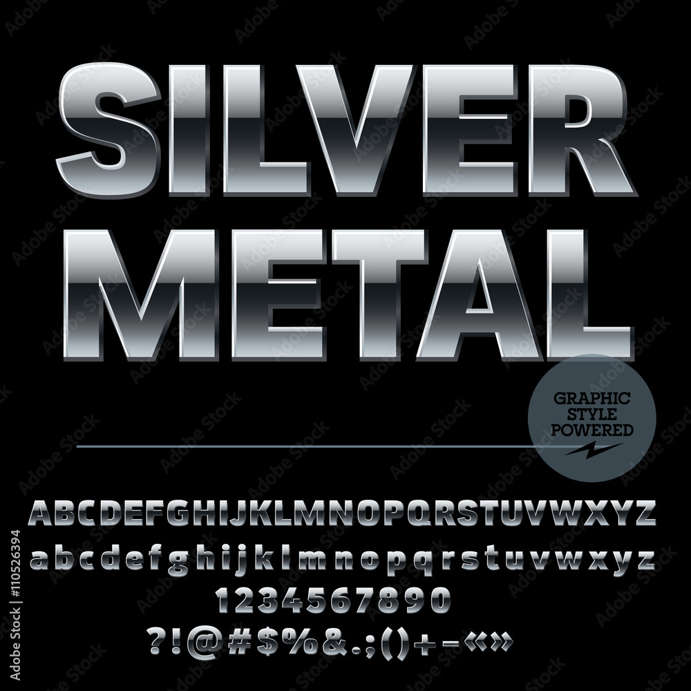 Vector set of luxury silver alphabet letters, numbers and punctuation ...