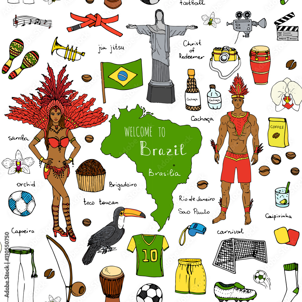 Seamless background hand drawn doodle Welcome to Brazil set Vector ...