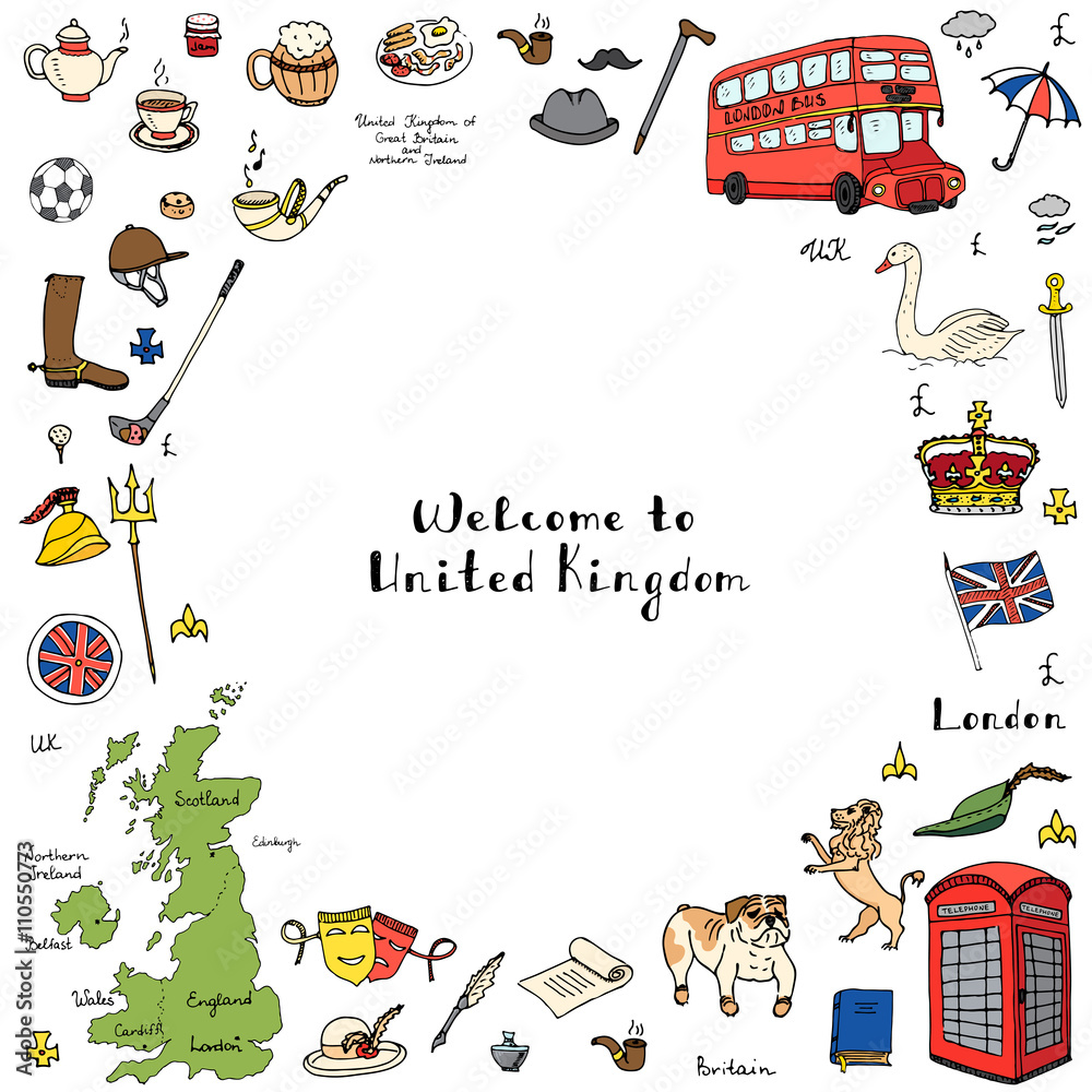 Hand drawn doodle United Kingdom set Vector illustration UK icons ...