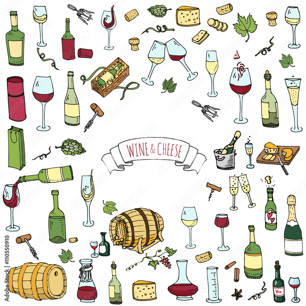 Hand drawn wine set icons Vector illustration Sketchy wine tasting ...