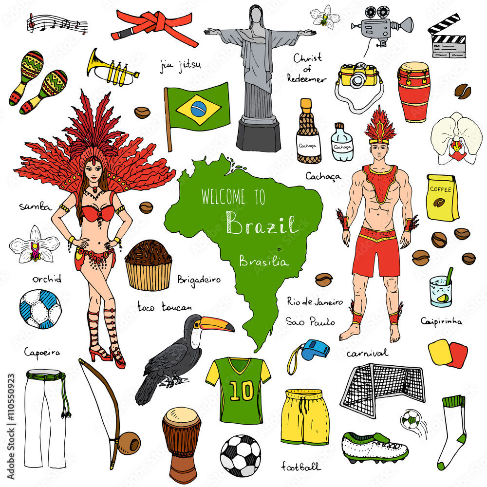 Hand drawn doodle Welcome to Brazil set Vector illustration Sketchy ...