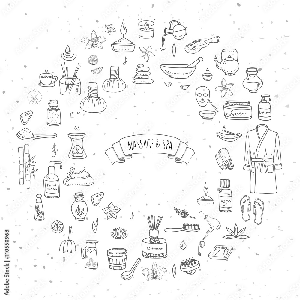 Vecteur Stock Hand Drawn Doodle Massage And Spa Icons Set Vector