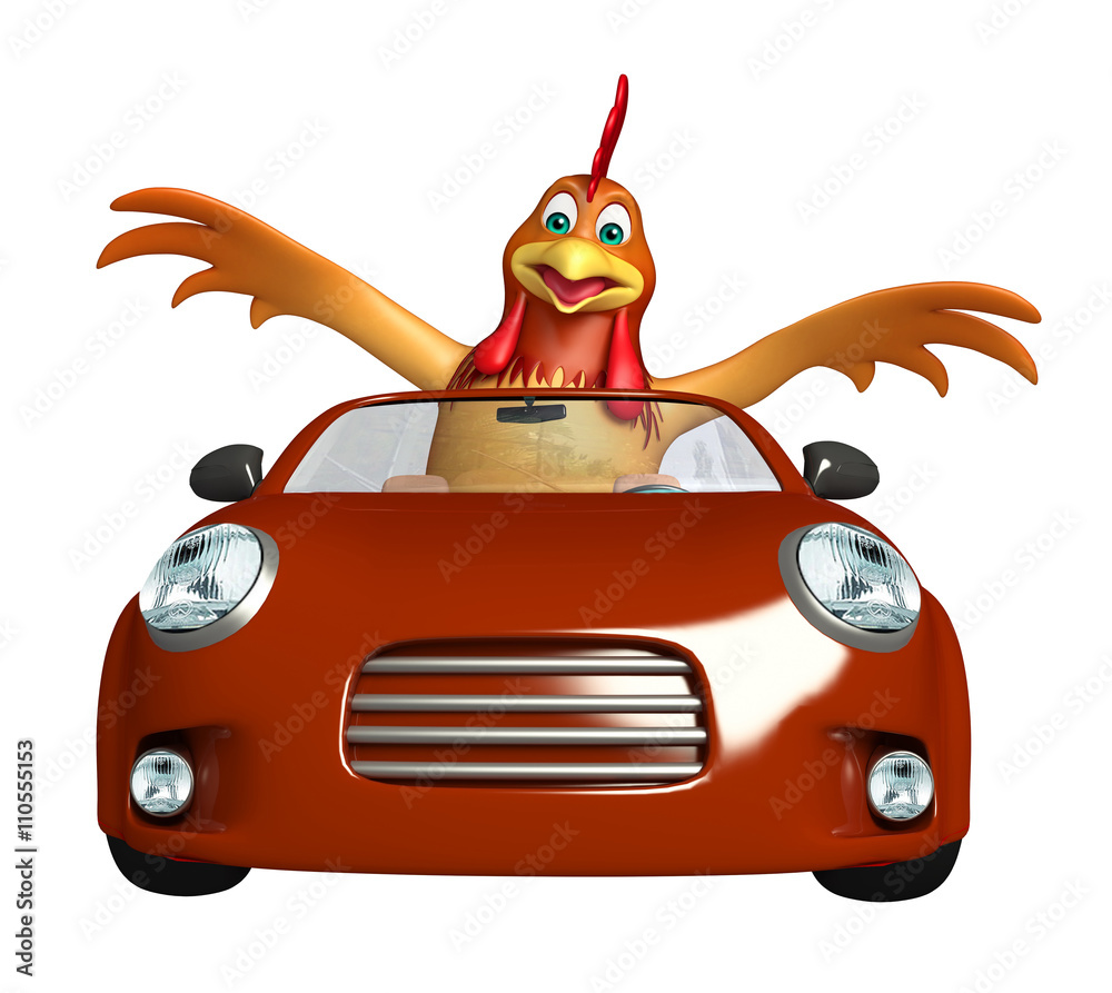 fun Chicken cartoon character with car Stock Illustration | Adobe Stock