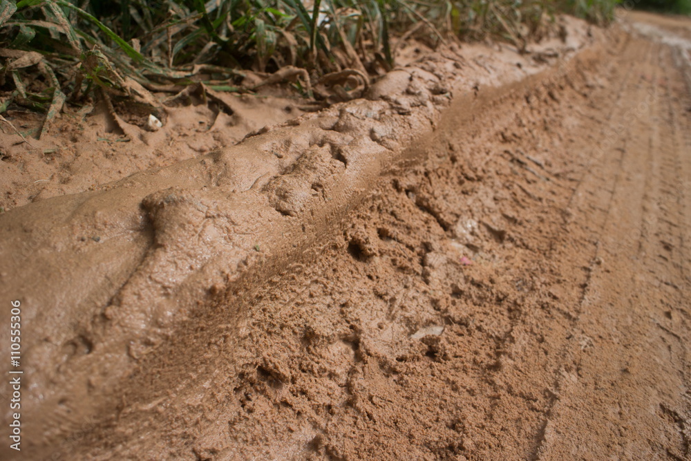 Ground level view horizontal MCU muddy jungle road with mound of mud at ...