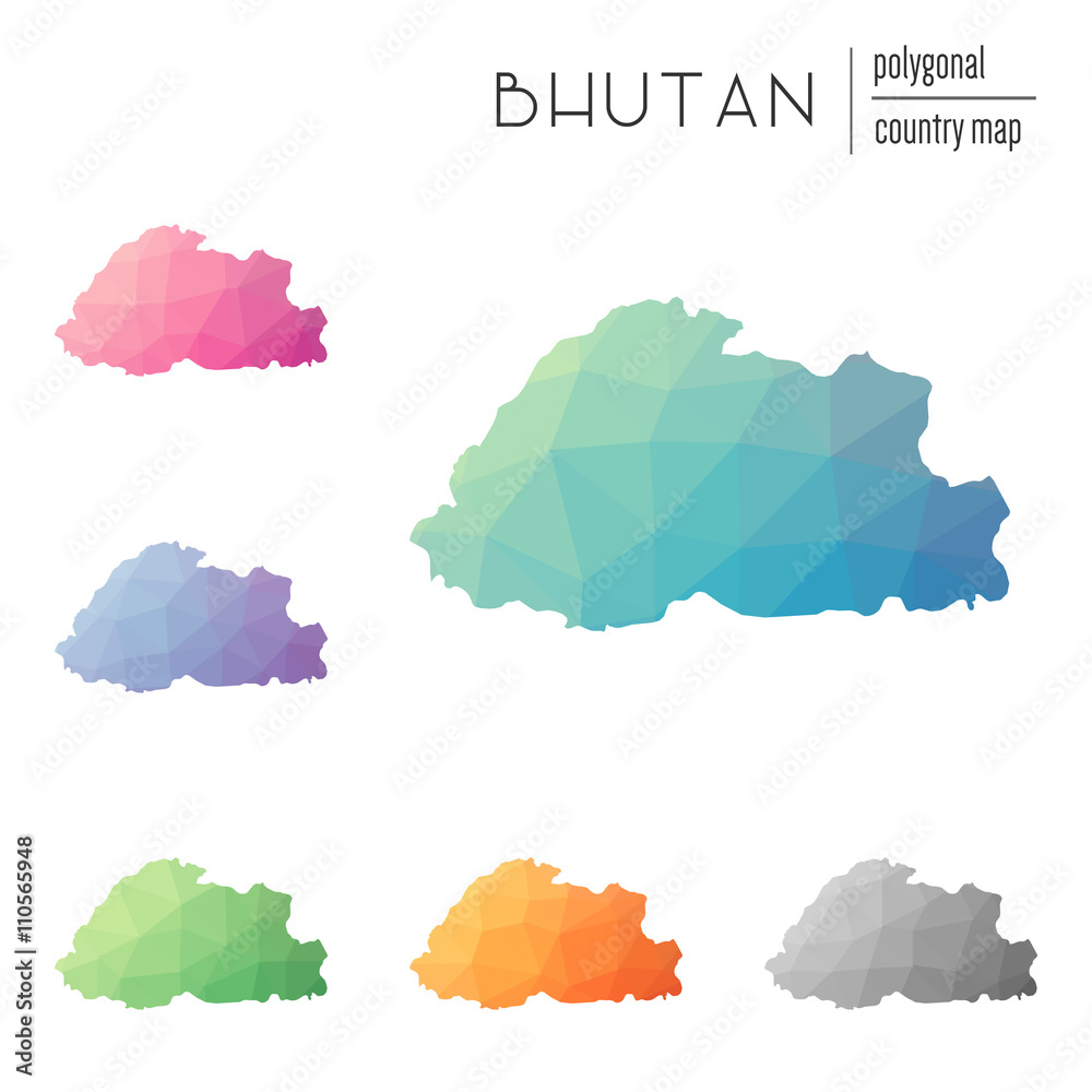 Set of vector polygonal Bhutan maps. Bright gradient map of country in ...