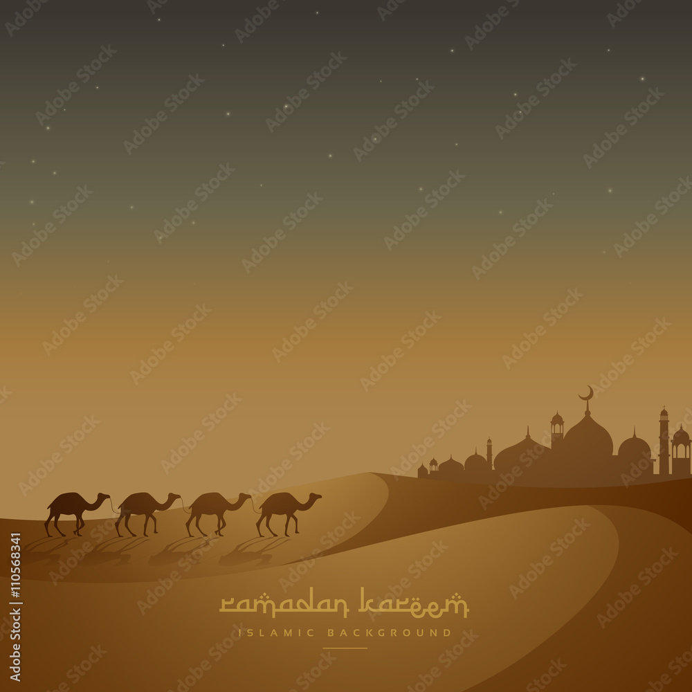 beautiful islamic background with camels walking on sand Stock Vector ...