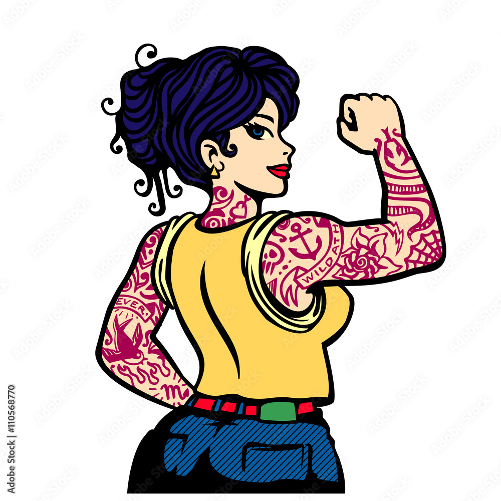 Pin-up bad girl with full sleeve tattoo arms vector illustration, full ...