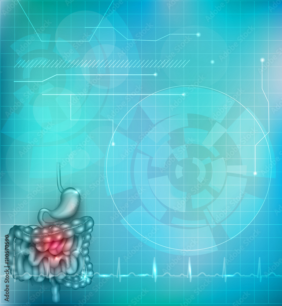 Gastrointestinal tract light blue background. Stomach, small intestine ...