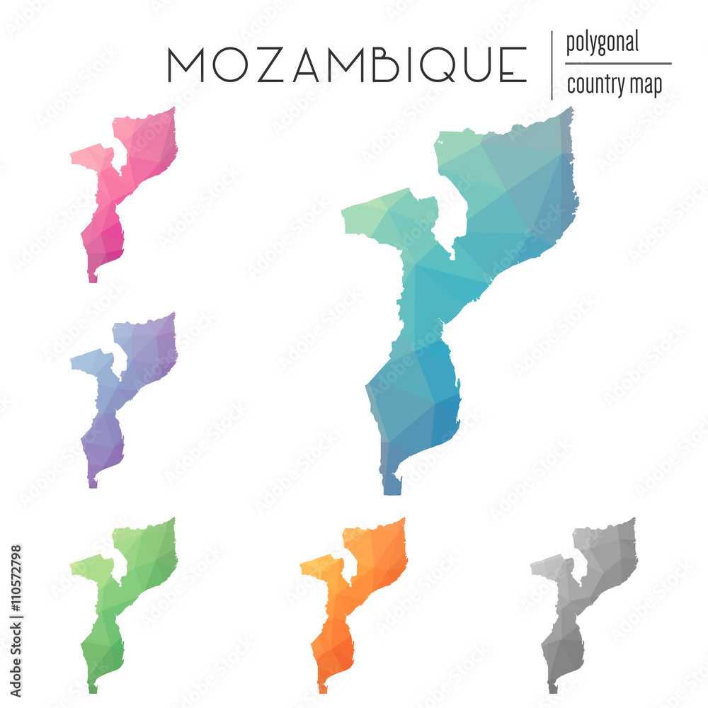 Set of vector polygonal Mozambique maps. Bright gradient map of country in low poly style ...