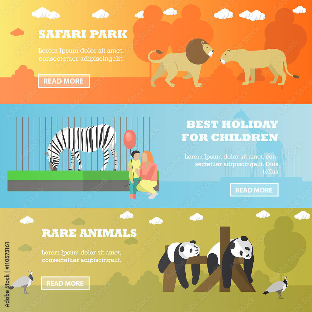 Zoo concept banners. Animals in zoopark, panda, zebra, lions. Vector ...
