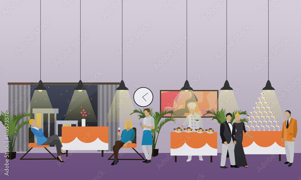 Vector banner with restaurant interior. People having dinner in cafe ...