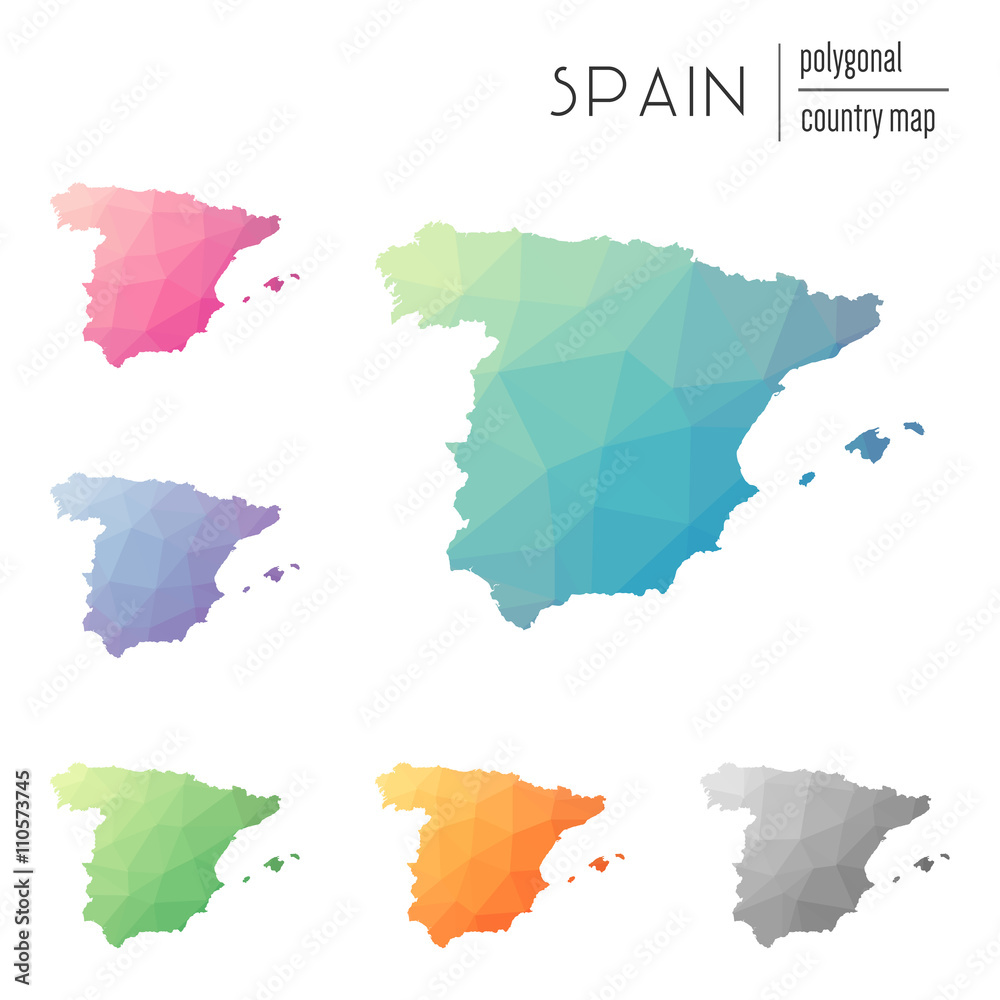 Set of vector polygonal Spain maps. Bright gradient map of country in ...