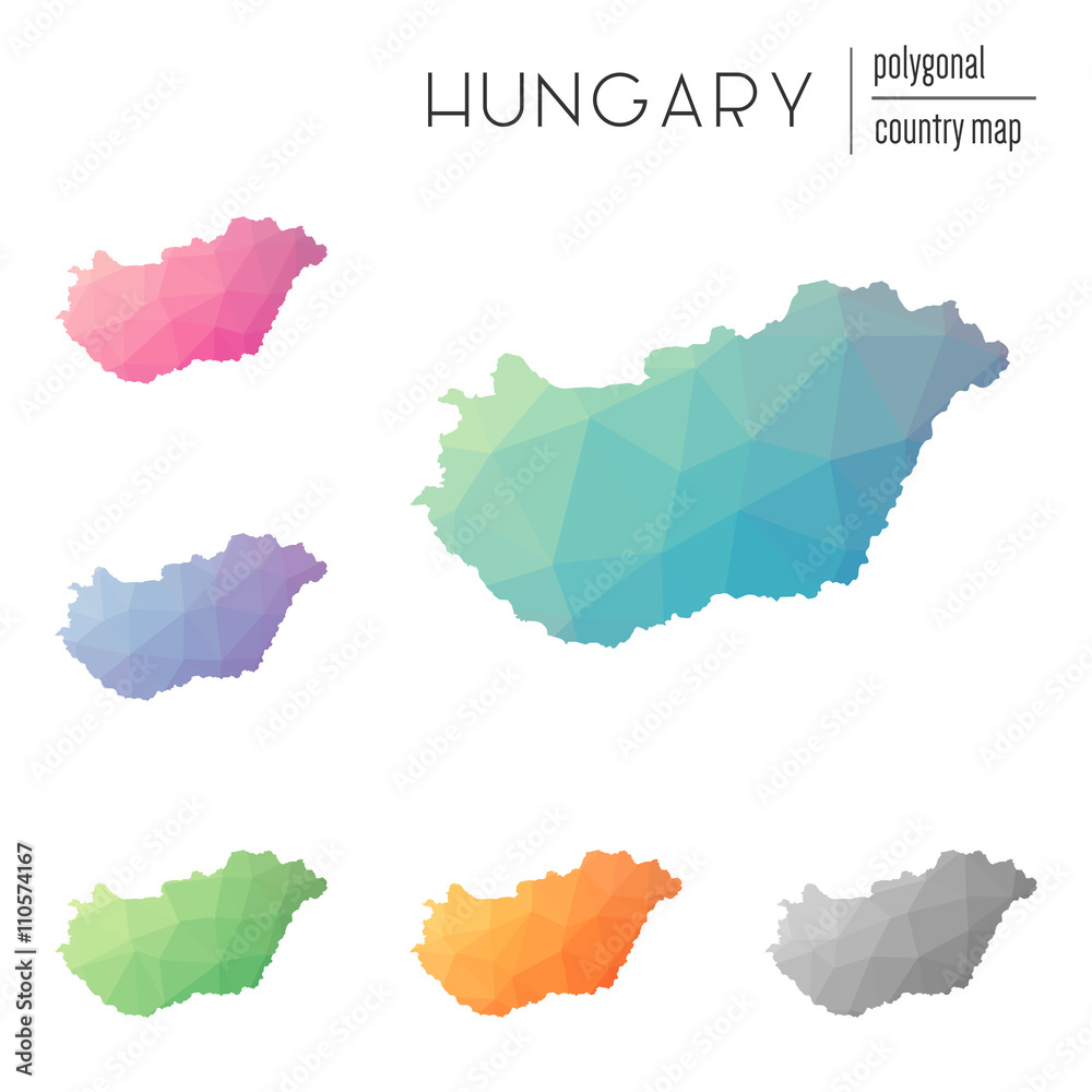 Set of vector polygonal Hungary maps. Bright gradient map of country in ...