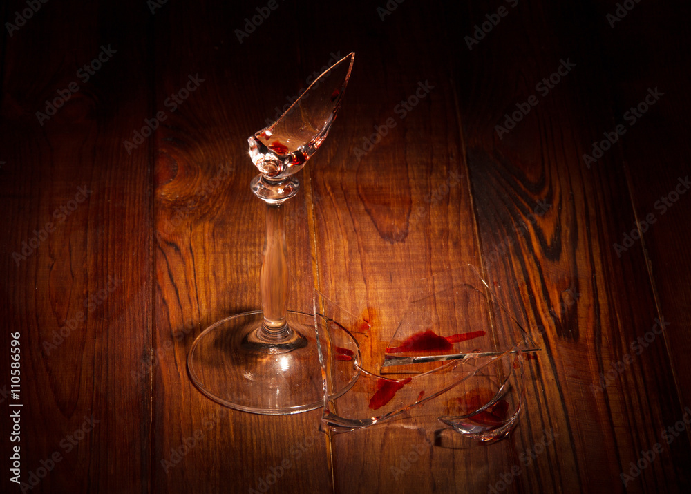 Broken glass fragments and blood on a wooden Stock Photo | Adobe Stock