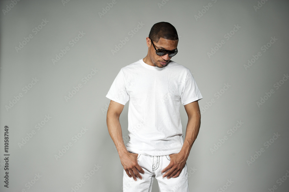 Black Male in White Looking Down Photos | Adobe Stock