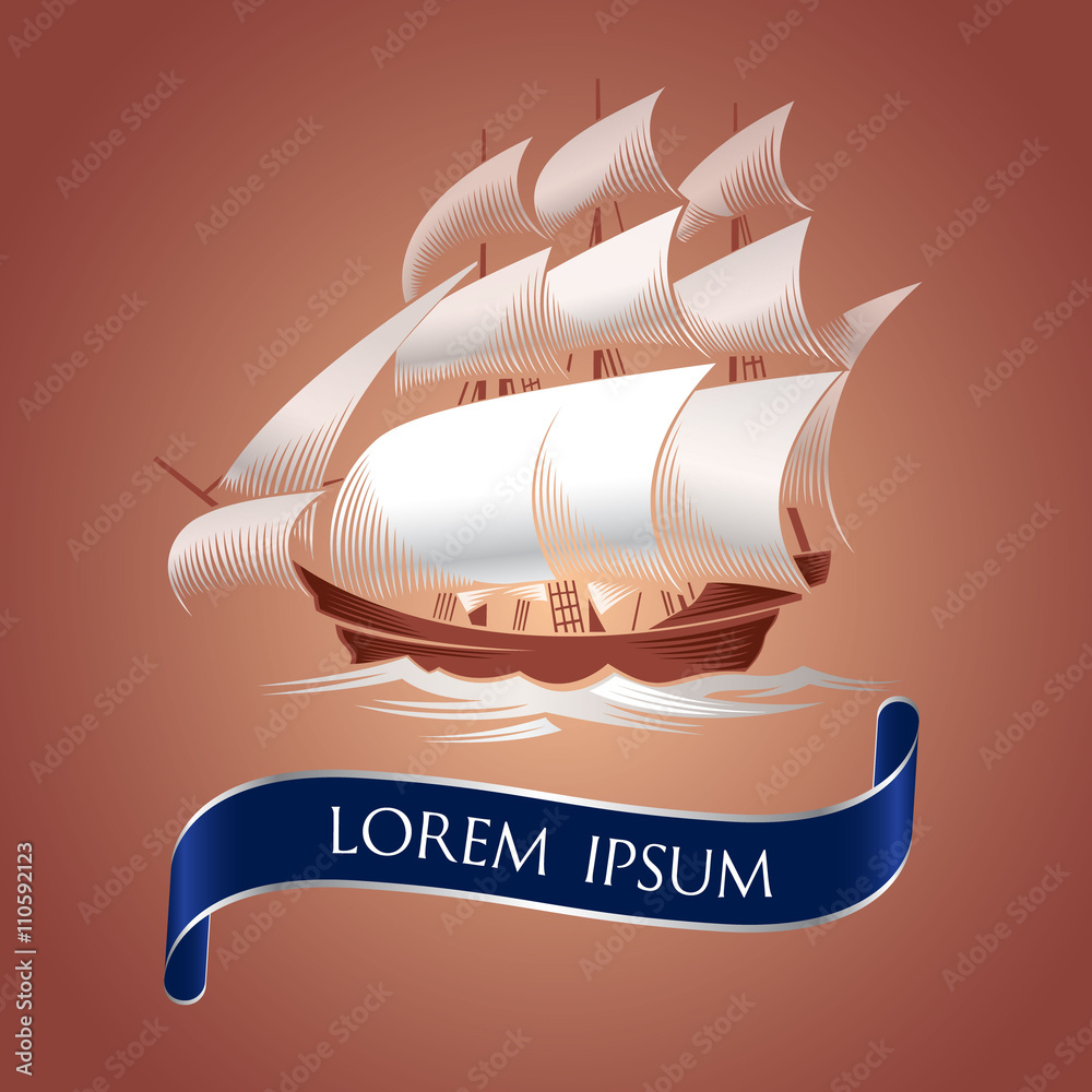 Sailing ship. vector illustration of an old vessel with blue ribbon on ...