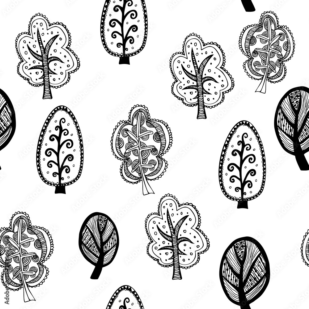 Seamless texture with ornamental trees. Endless hand drawn black and ...