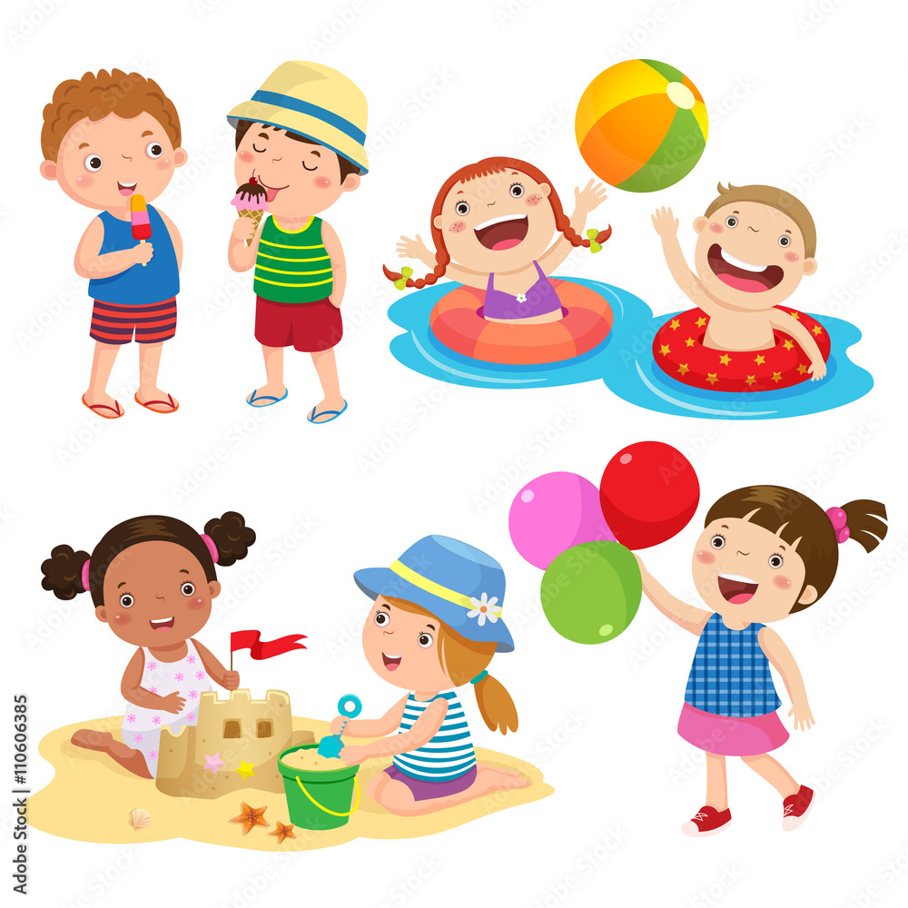 Kids Playing At The Beach Clip Art