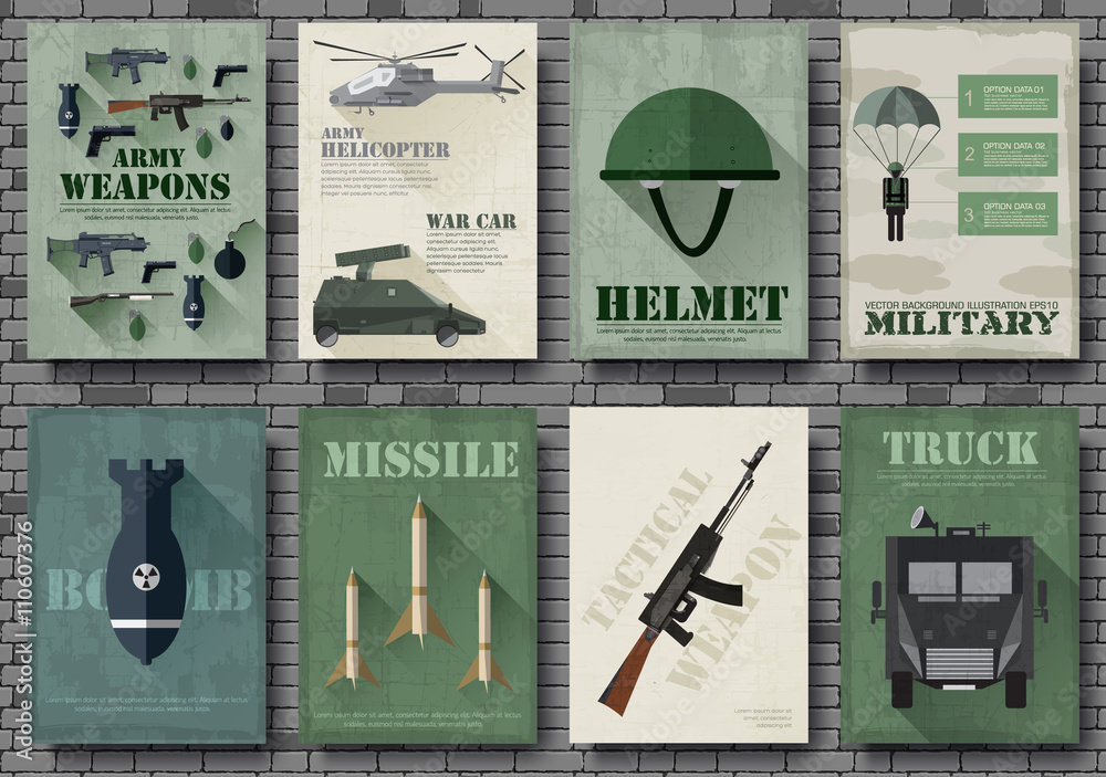 Cards of military equipment cards. Army template of flyear, Magazines ...