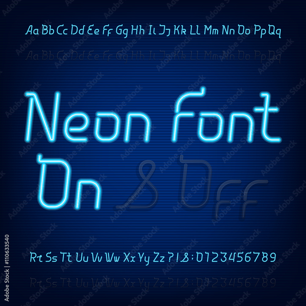 Neon alphabet font. Two different styles. Lights on or off. Blue neon ...