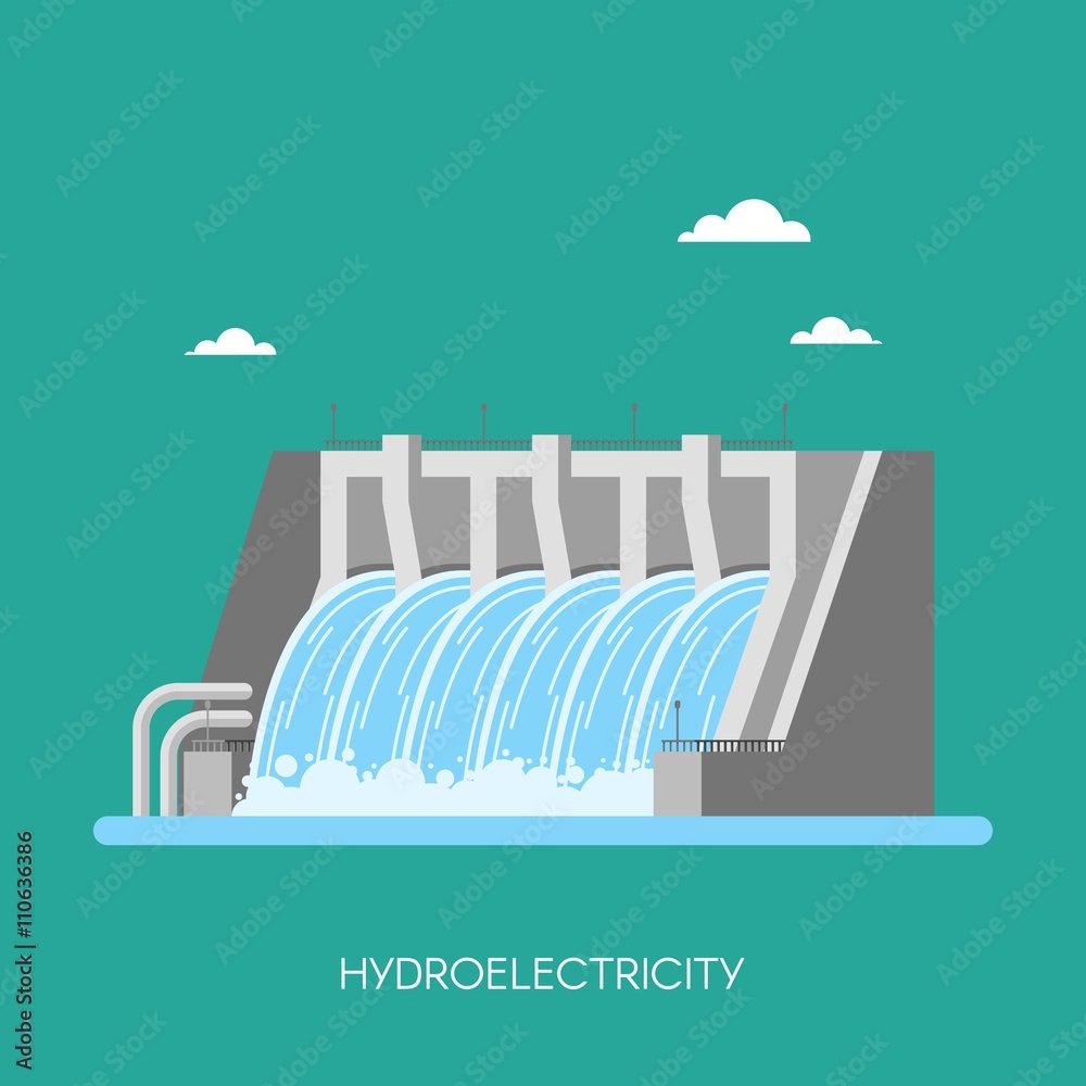 Hydro power plant and factory. Energy industrial concept. Vector ...