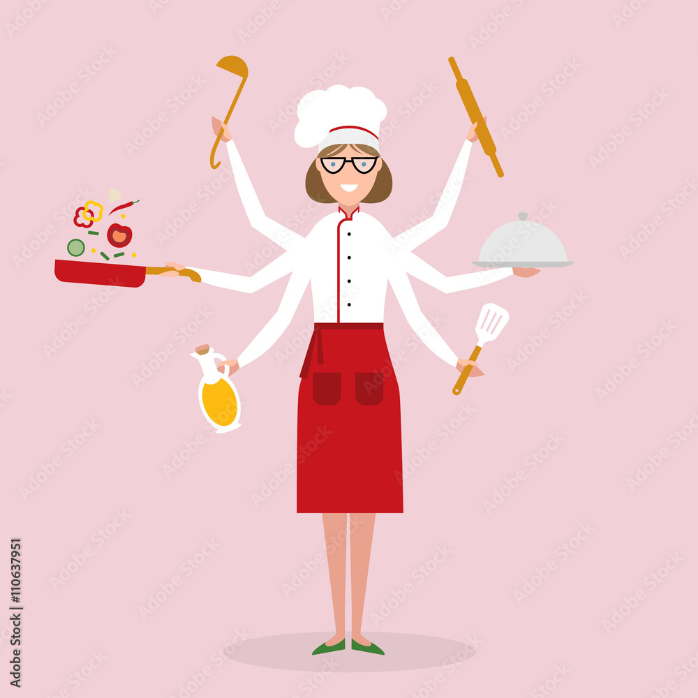 Multitasking female chef with six hands standing on pink background and ...