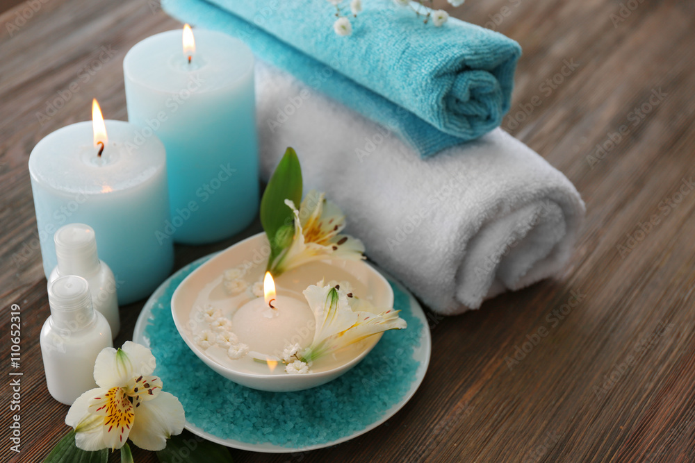 Spa still life in light blue color on wooden background Stock Photo ...